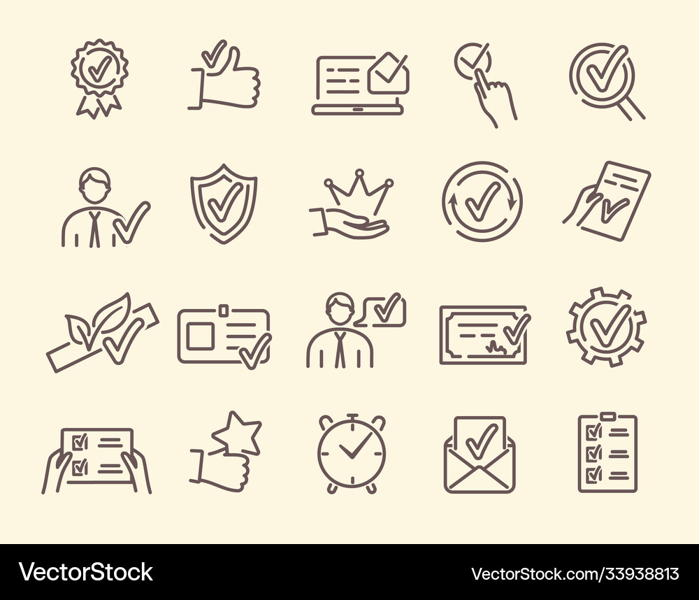 Set linear icons related to approvement Royalty Free Vector