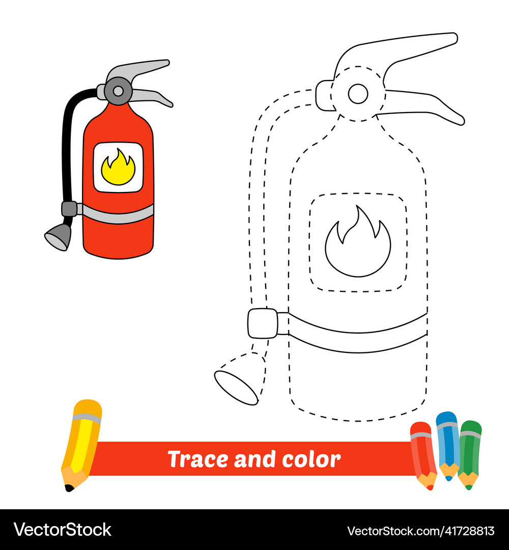 Trace and color for kids fire extinguisher Vector Image