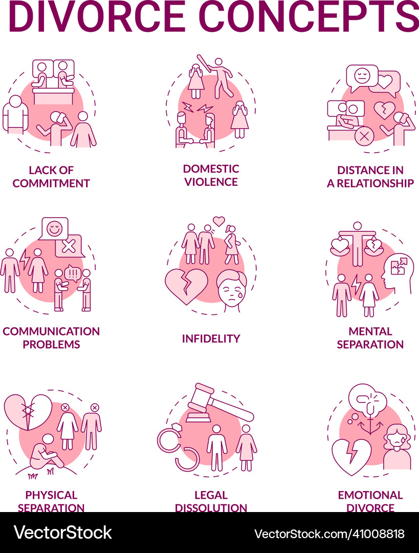 Divorce pink concept icons set Royalty Free Vector Image