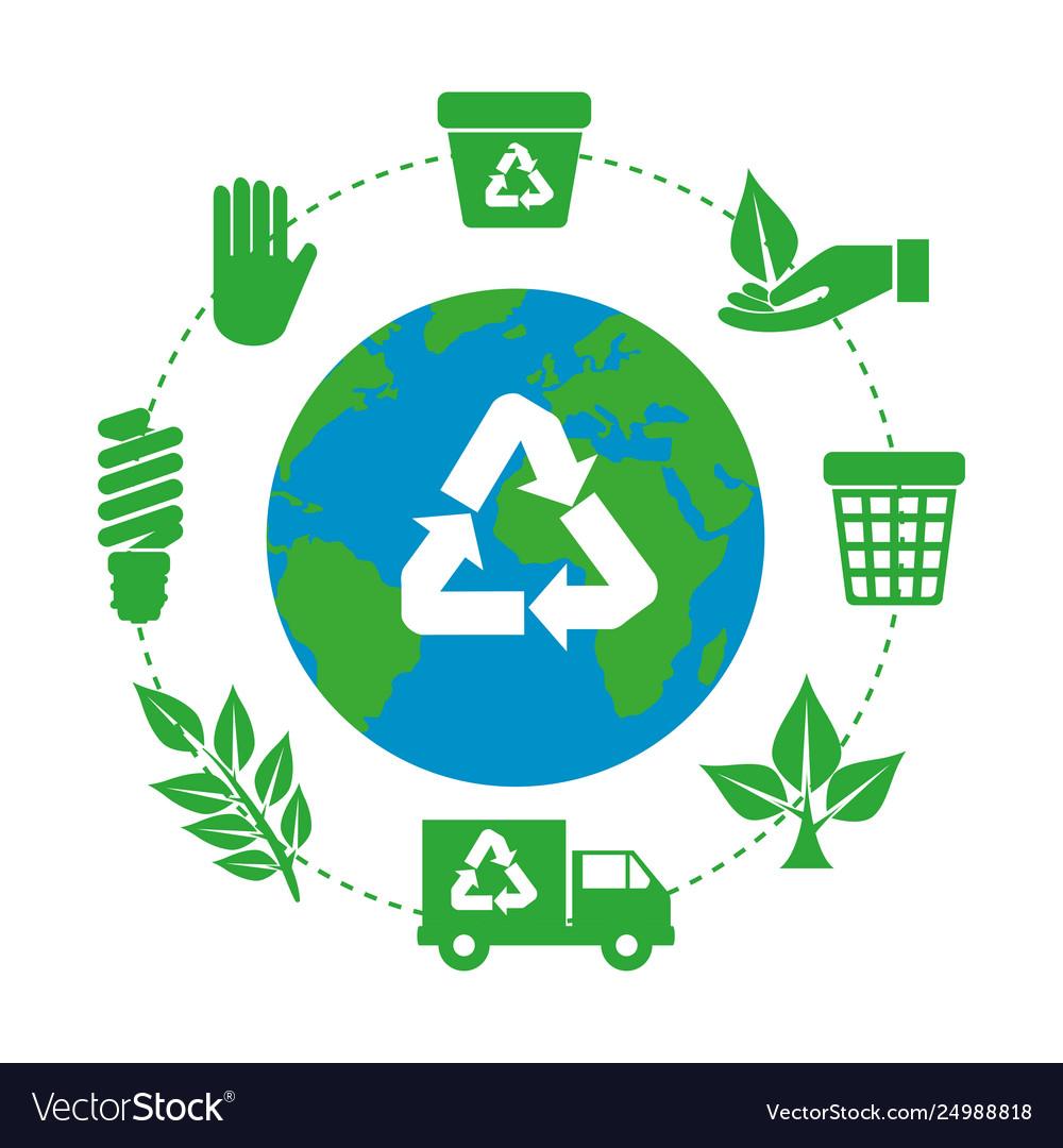 Earth planet with recycle arrows and ecology icons