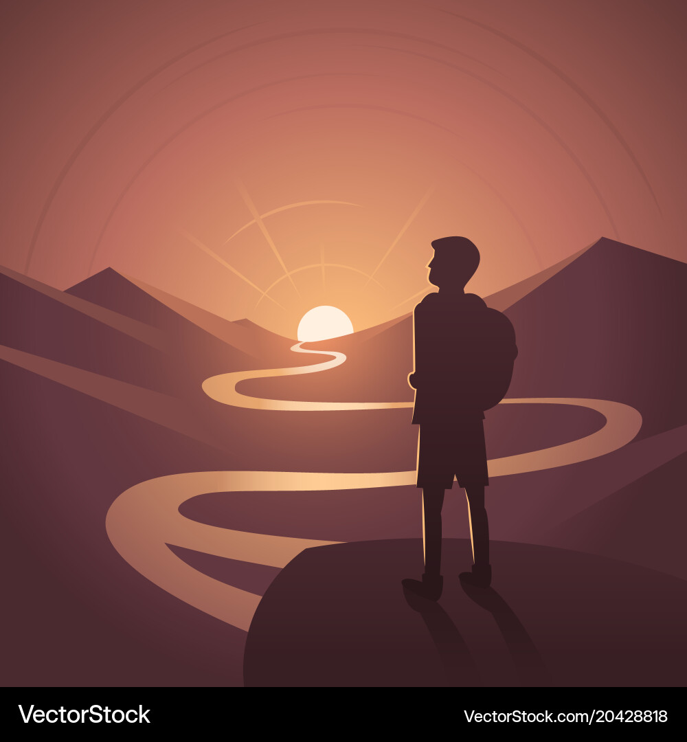 Hiker contemplating sunset landscape scene Vector Image