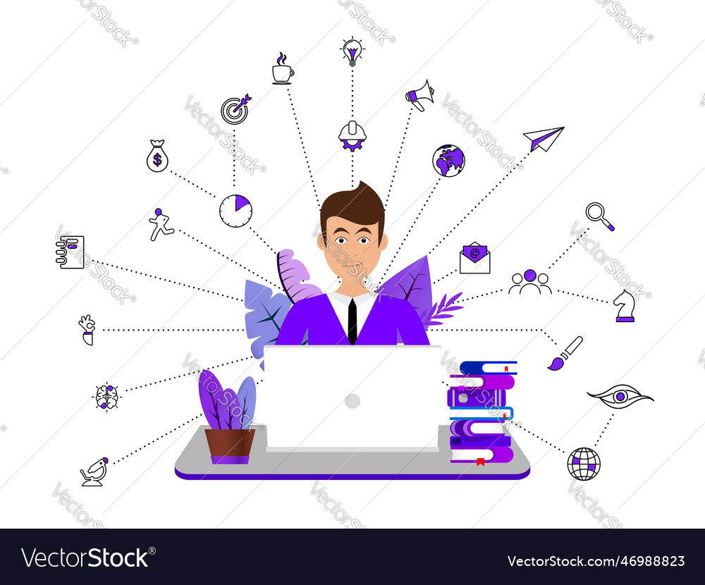 Man with computer network of icons around a person