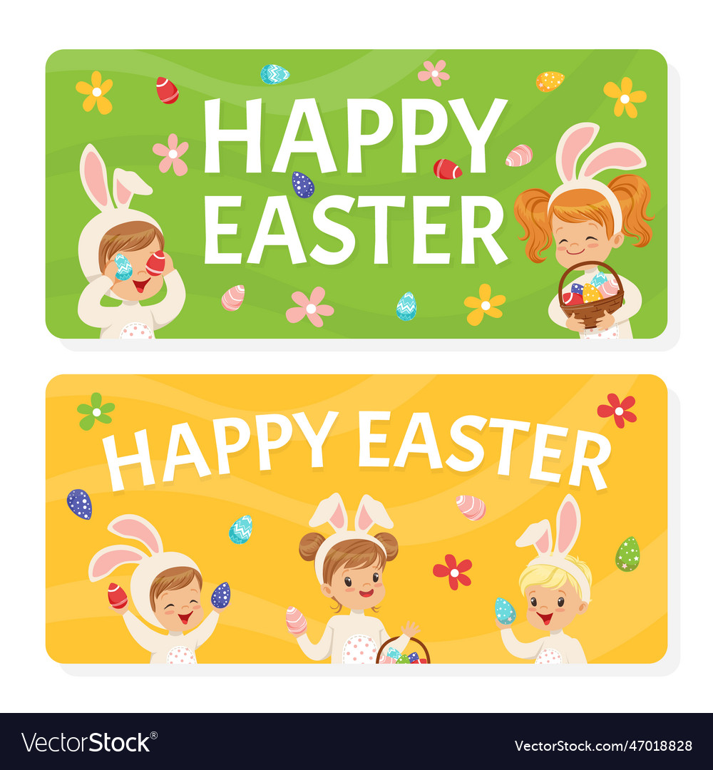 Joyful children in bunny costume holding easter Vector Image
