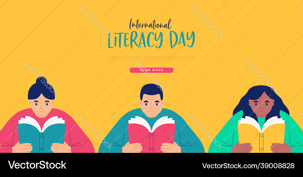Literacy day web template children reading book Vector Image