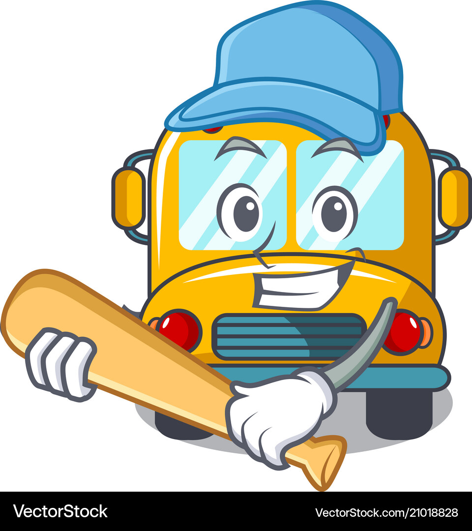 Playing baseball school bus character cartoon Vector Image