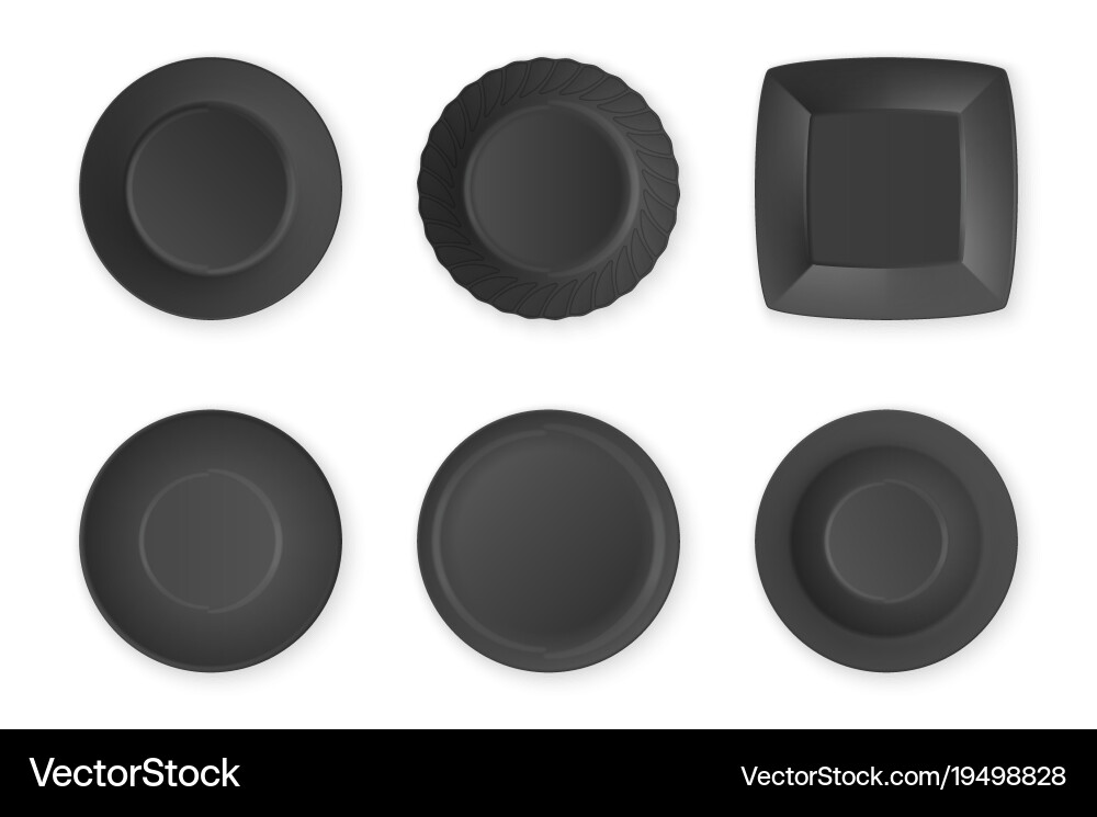 Realistic black food empty plate icon set Vector Image