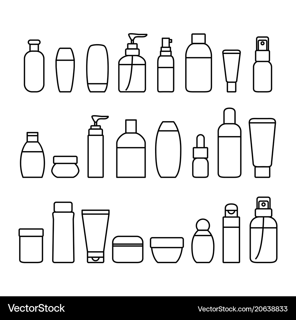 Cosmetic bottles signs black thin line icon set Vector Image