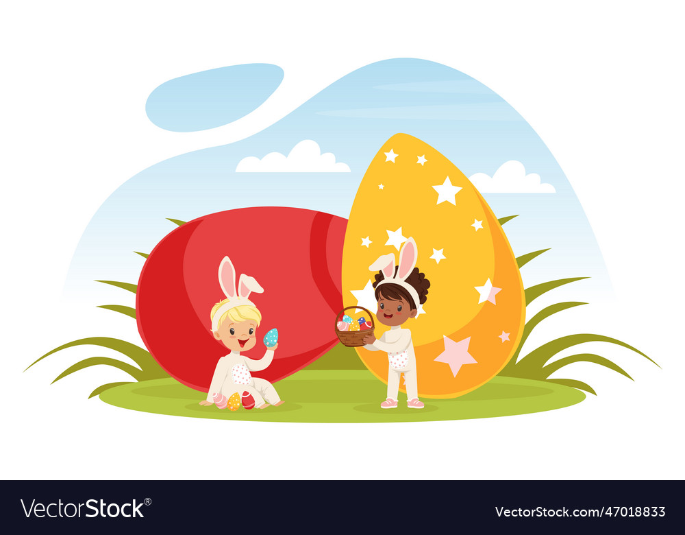 Little girl and boy in easter bunny costume Vector Image