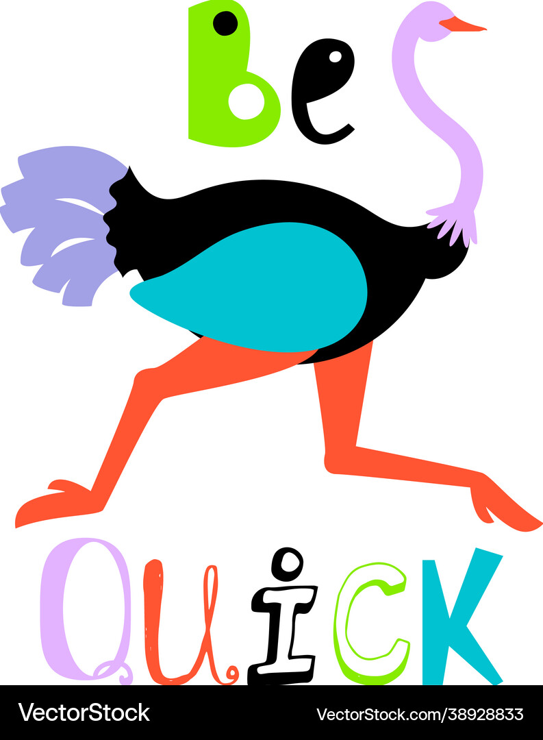 Quick running cool ostrich on cute greeting card Vector Image
