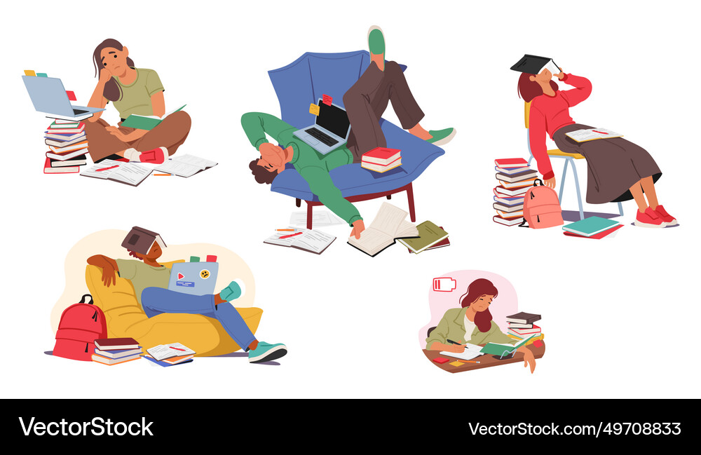 Set of exhausted students hunched over Royalty Free Vector