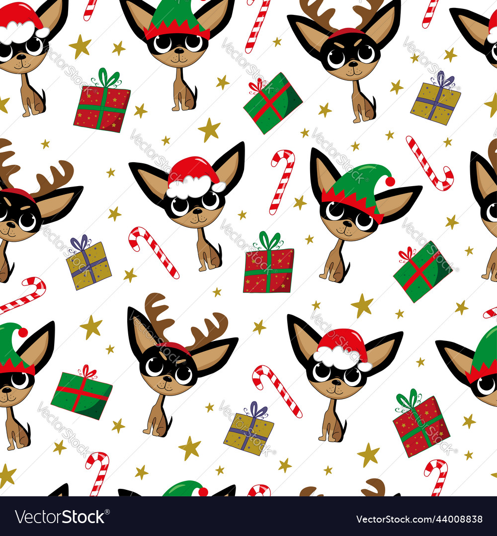 Chihuahua dogs in santa hat elf hat pattern Vector Image