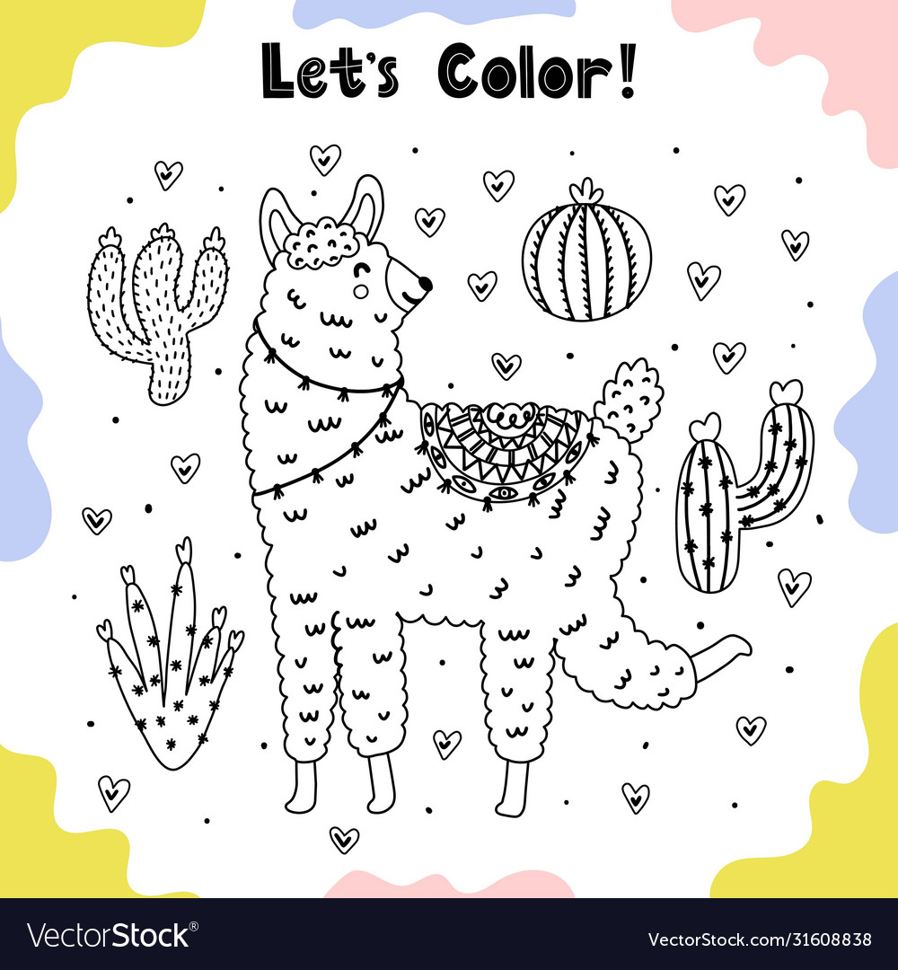 Coloring page with funny llama and cactuses Vector Image