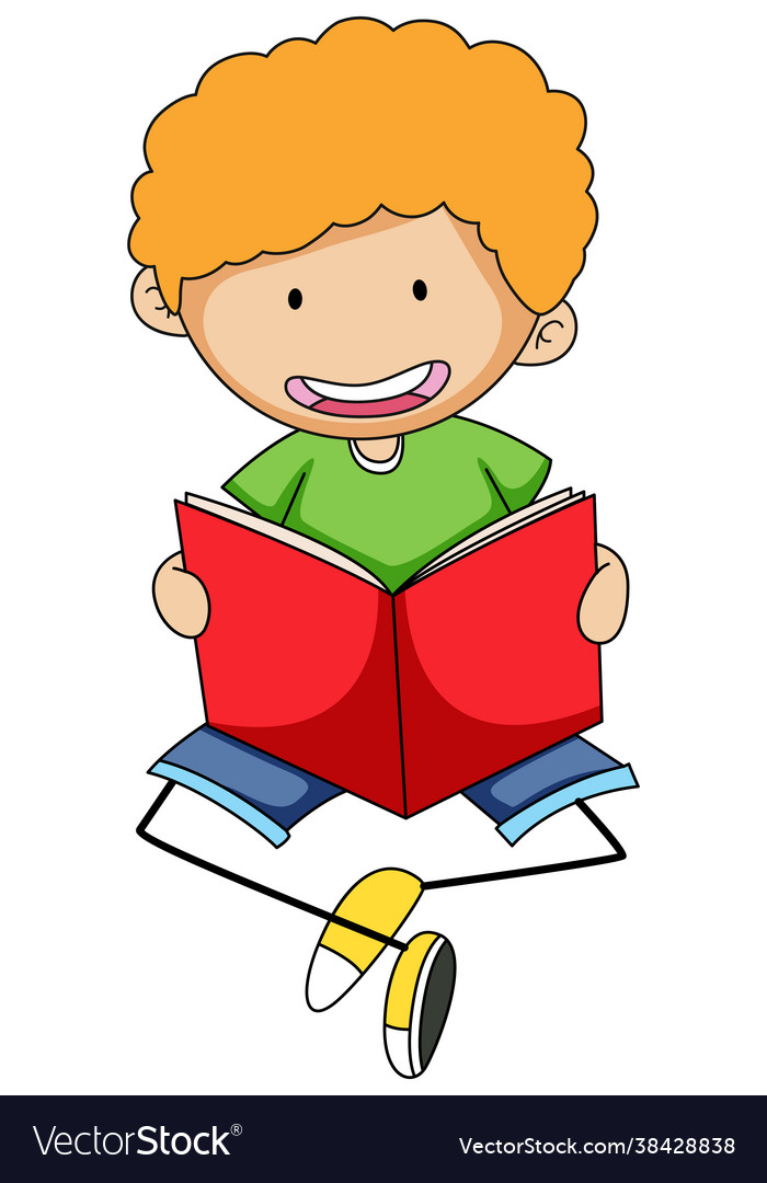 Cute boy reading book doodle cartoon character Vector Image