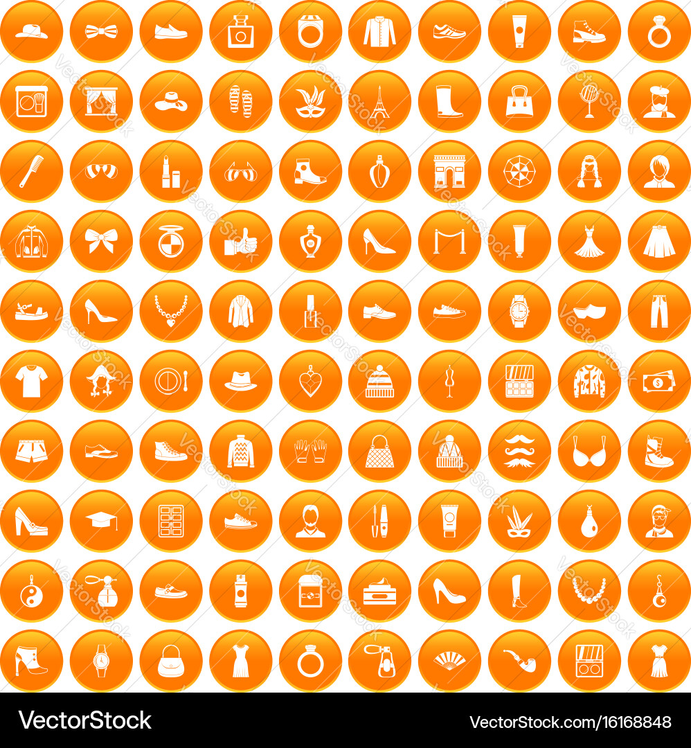 100 vogue icons set orange Royalty Free Vector Image