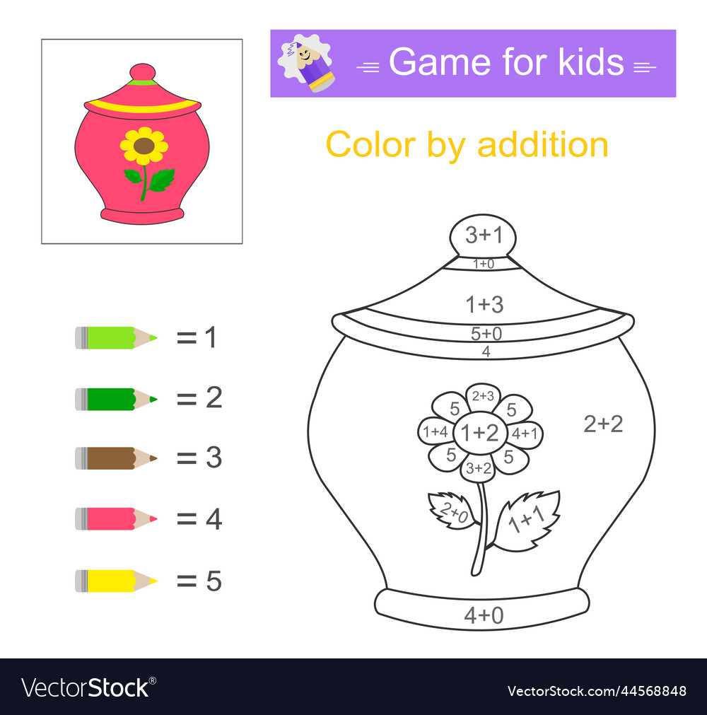 Color by Addition Math Worksheet for Kids Vector Image