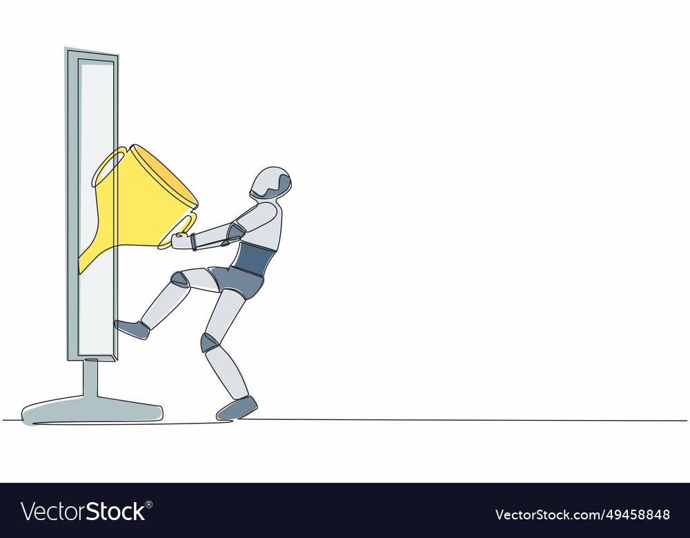 Continuous one line drawing robot pull out trophy Vector Image