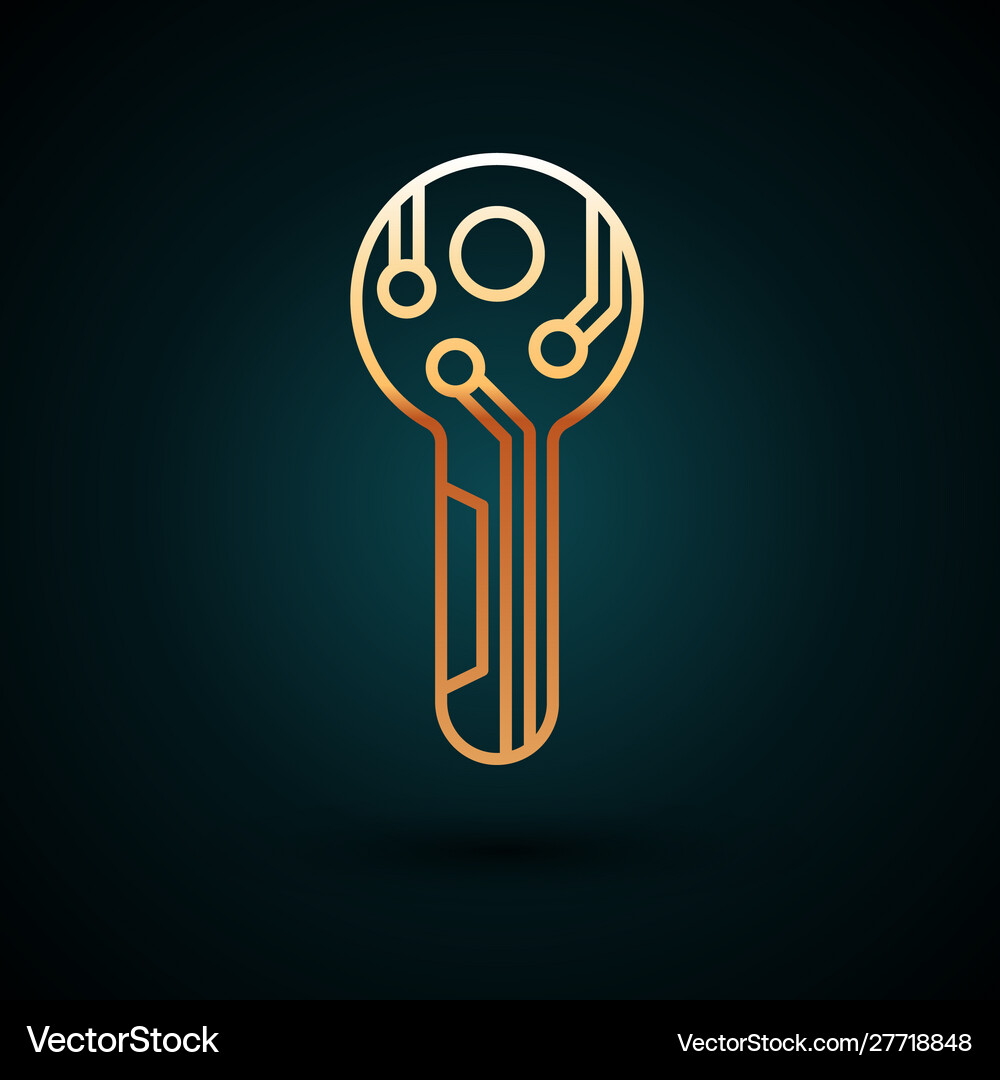 Gold line cryptocurrency key icon isolated on dark
