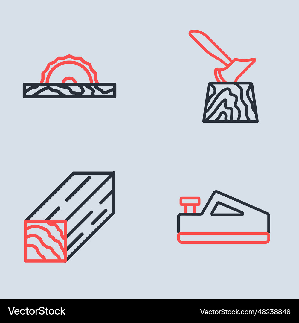Set line wooden axe in stump beam plane tool Vector Image