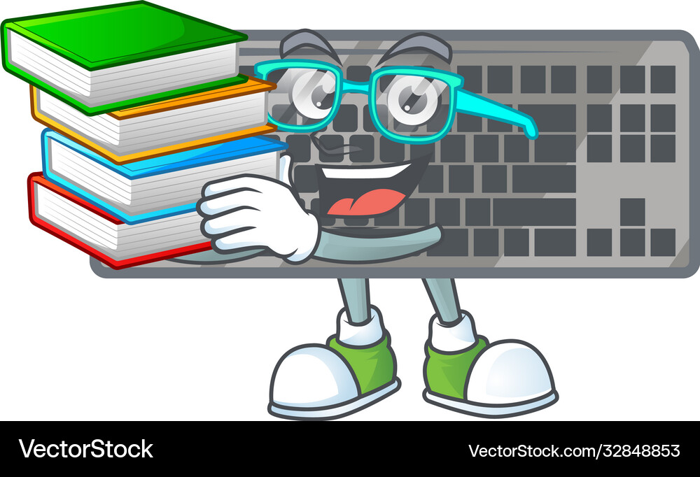 A brainy clever cartoon black keyboard studying Vector Image