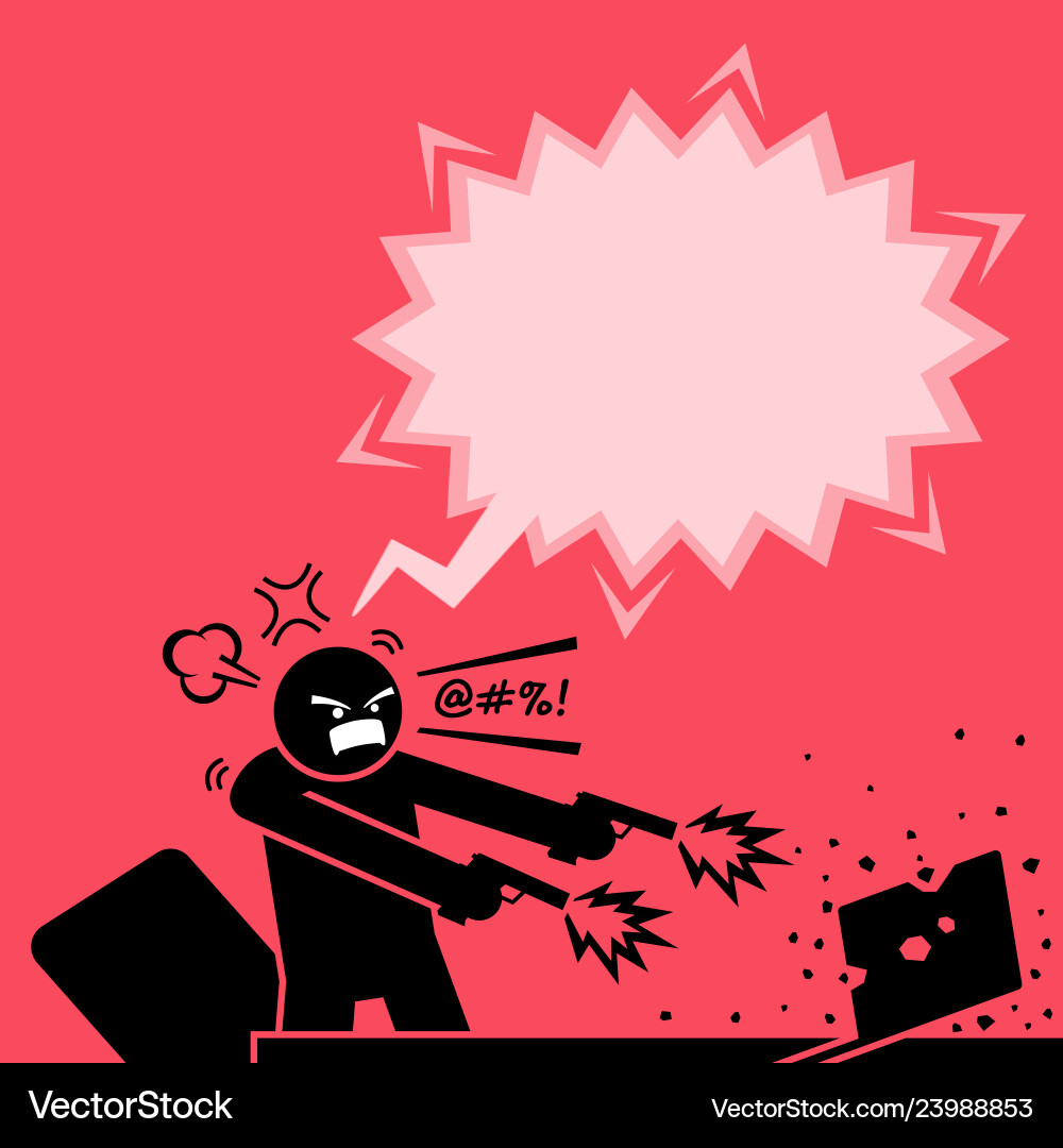Man shooting at a computer with two guns because Vector Image