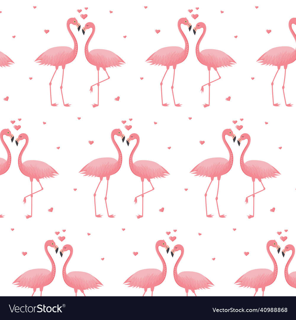 Seamless pattern with flamingos in love and hearts
