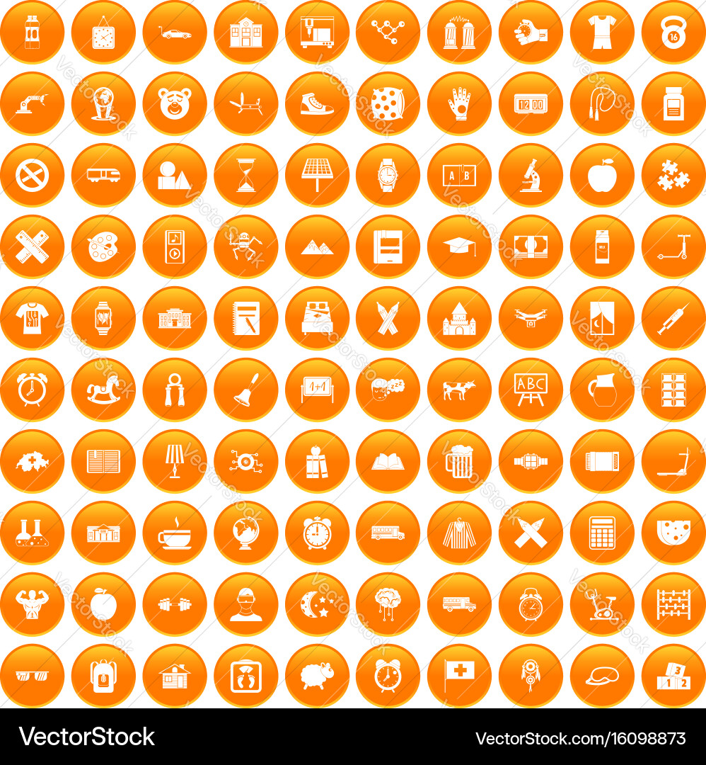 100 alarm clock icons set orange Royalty Free Vector Image