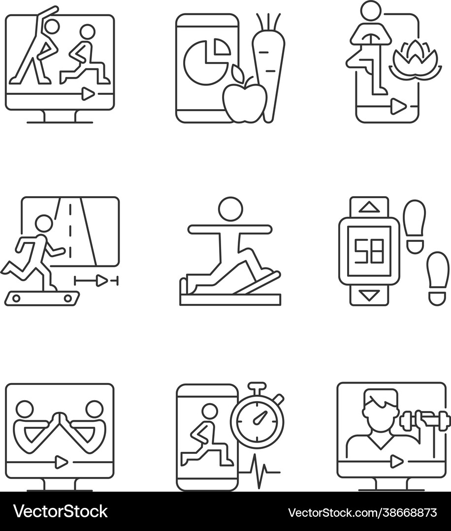 Online fitness classes linear icons set Royalty Free Vector