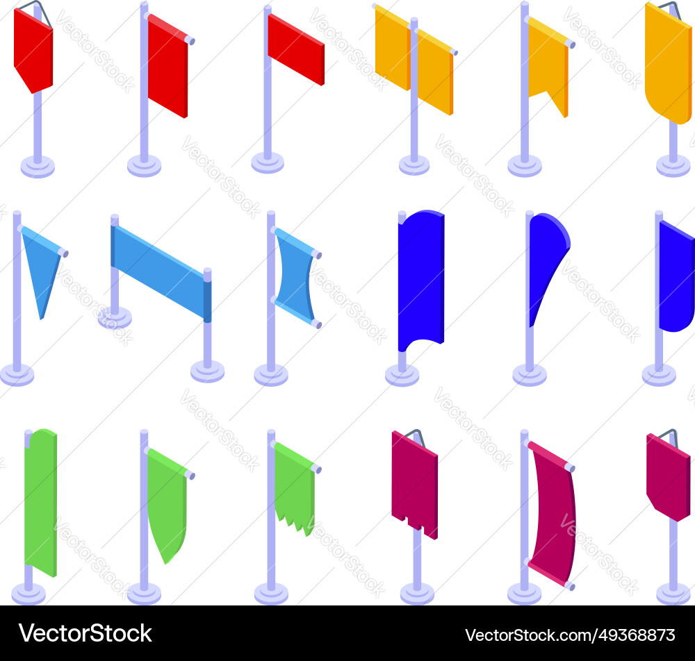 Pennon on pole icons set isometric flag Royalty Free Vector