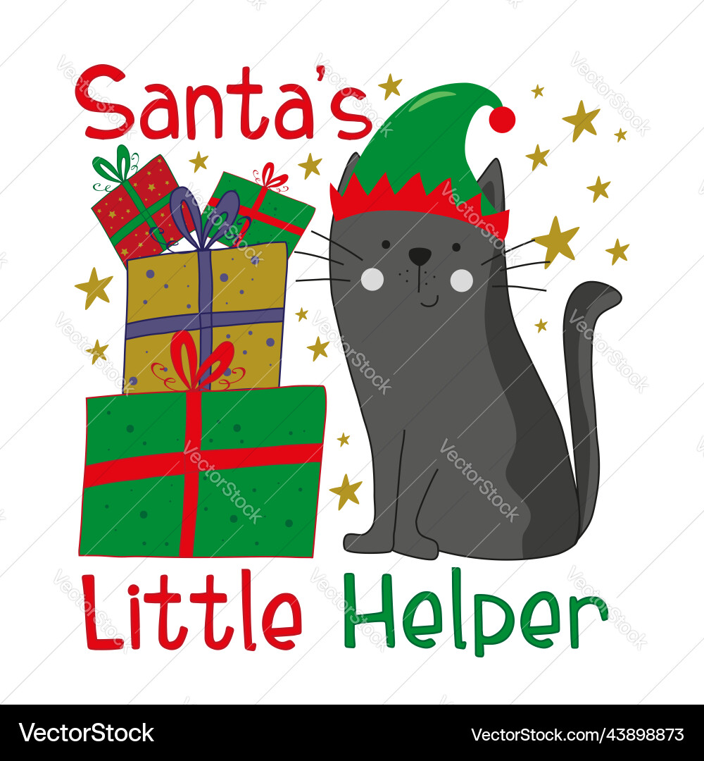 Santas little helper - elf cat with gift box Vector Image
