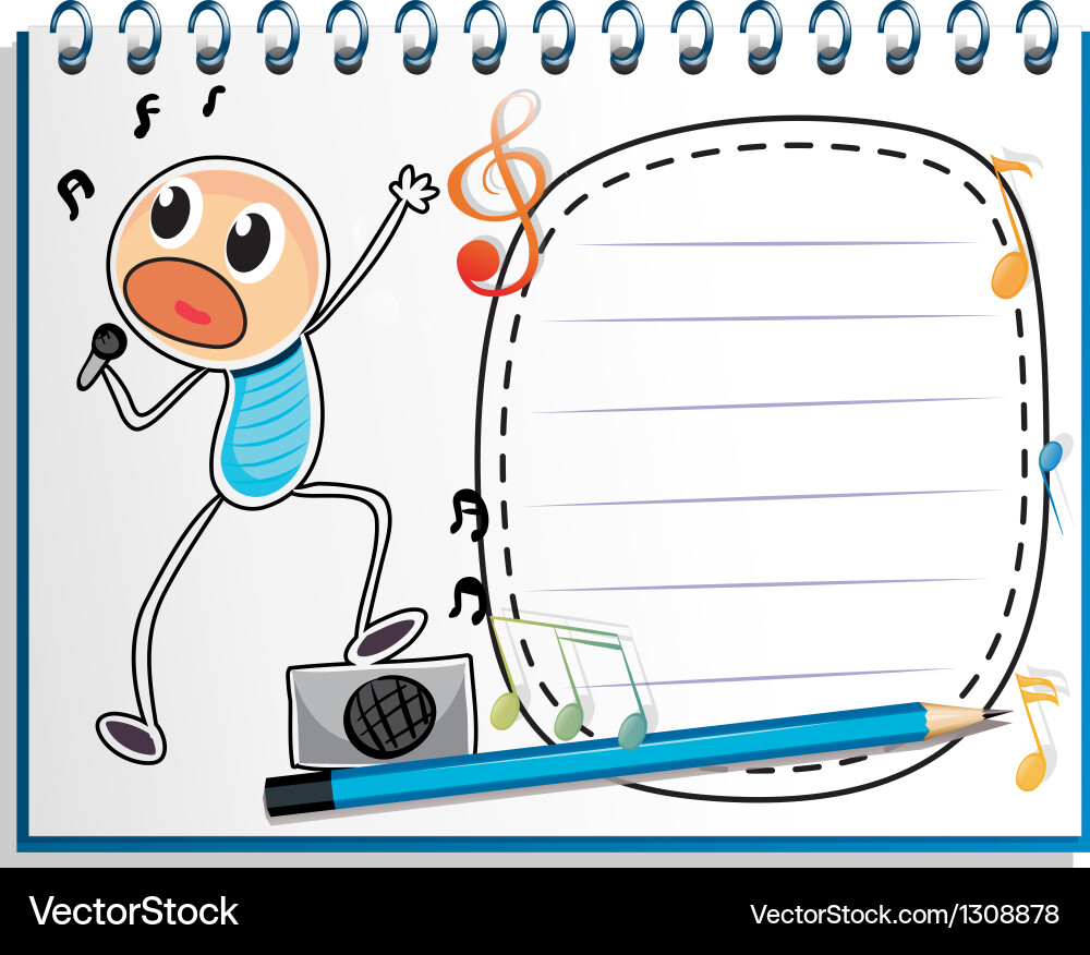A notebook with drawing of boy singing Royalty Free Vector