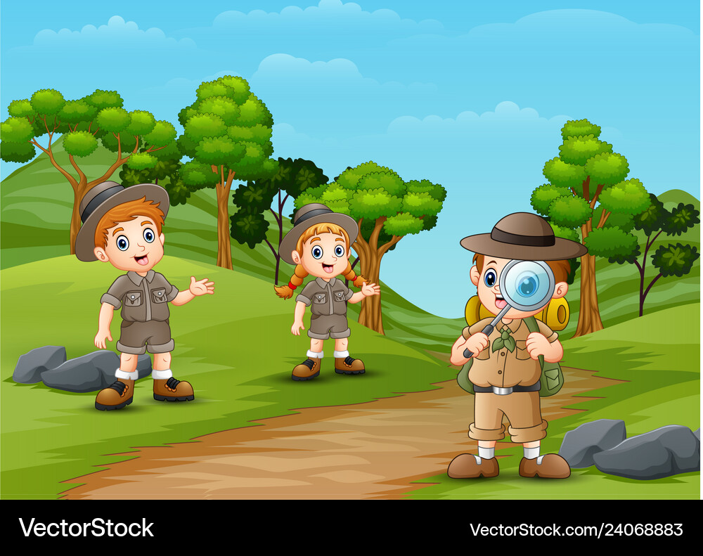 Happy explorer kid on road to forest Royalty Free Vector