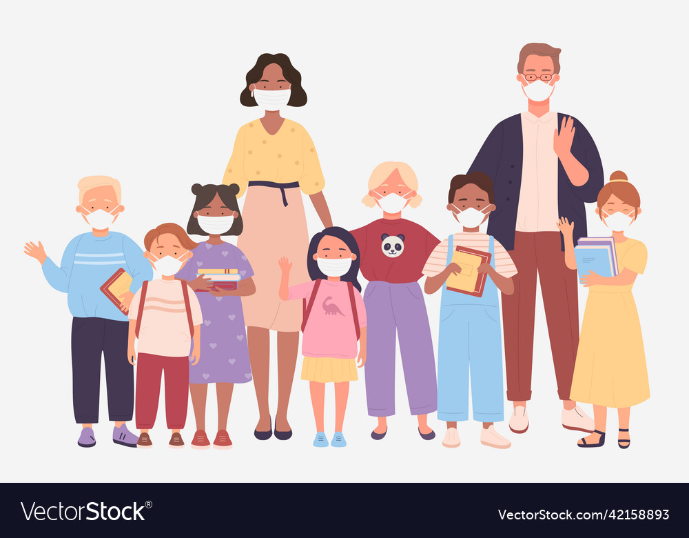 Teachers and kids wearing medical face masks Vector Image