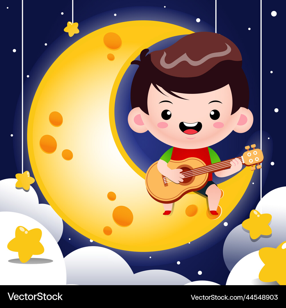 Cartoon cute boy sitting playing guitar Royalty Free Vector