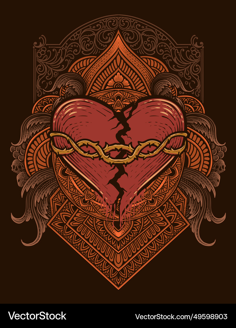 Hand drawn broken heart with engraving ornament Vector Image