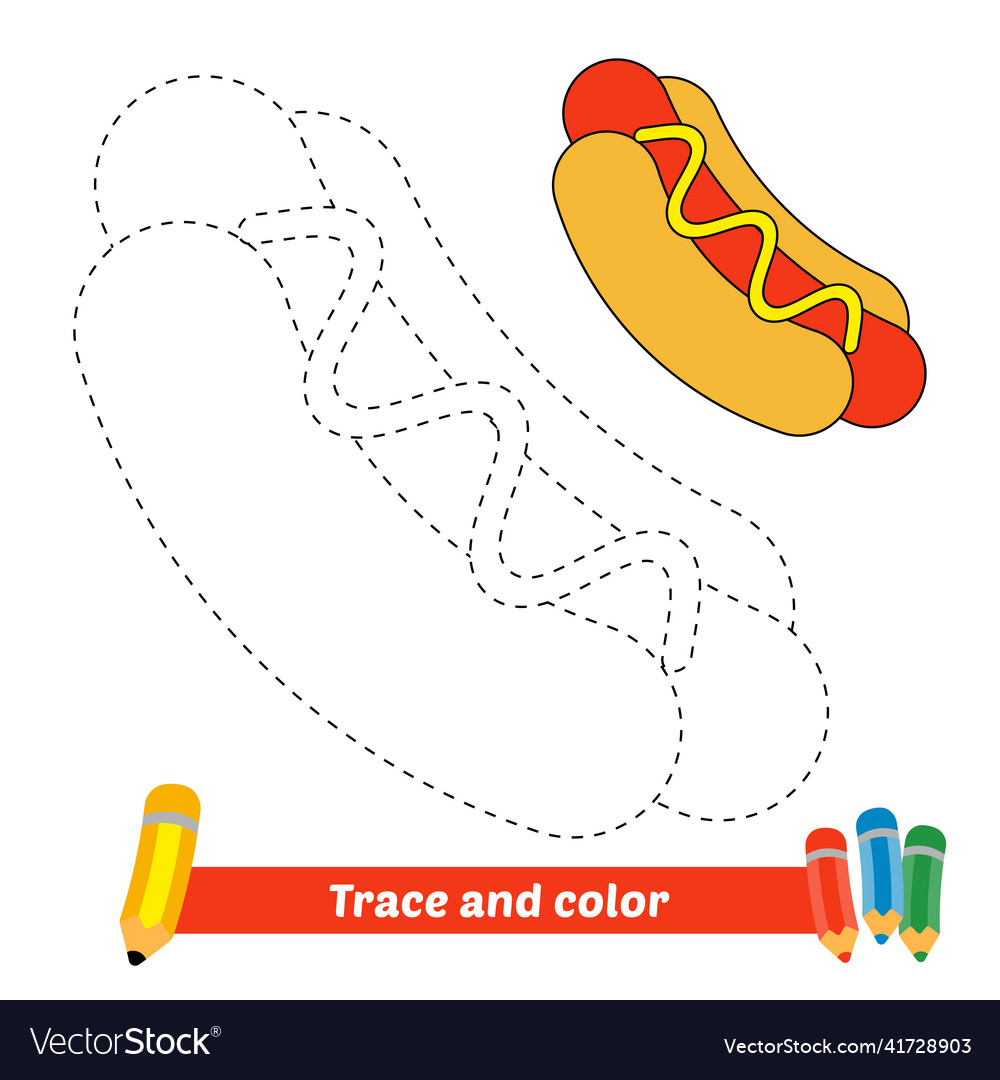 Trace and color for kids hot dog Royalty Free Vector Image