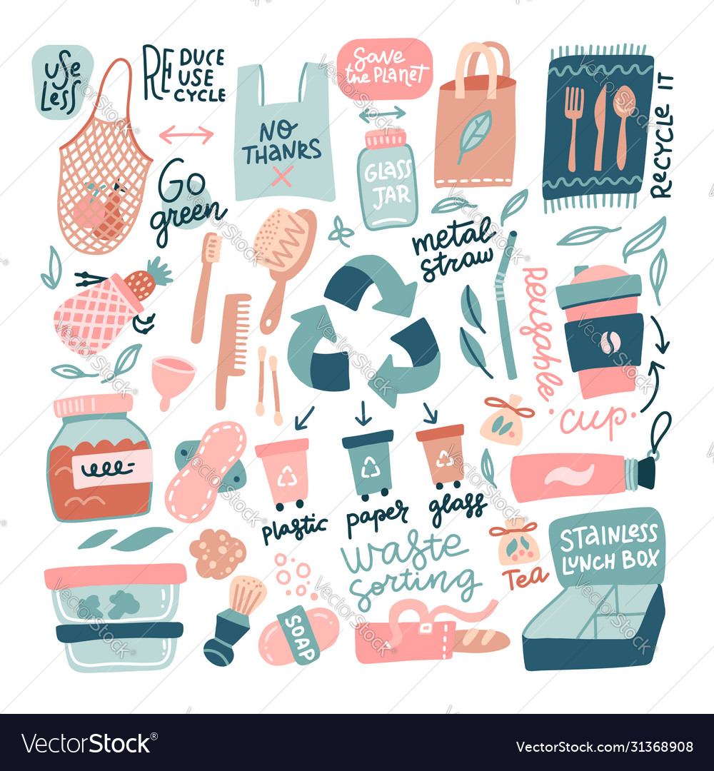 Big set hand drawn zero waste elements Royalty Free Vector