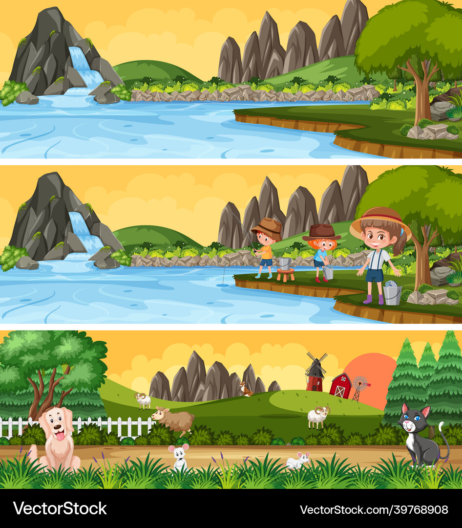 Different nature landscape scene set with cartoon Vector Image