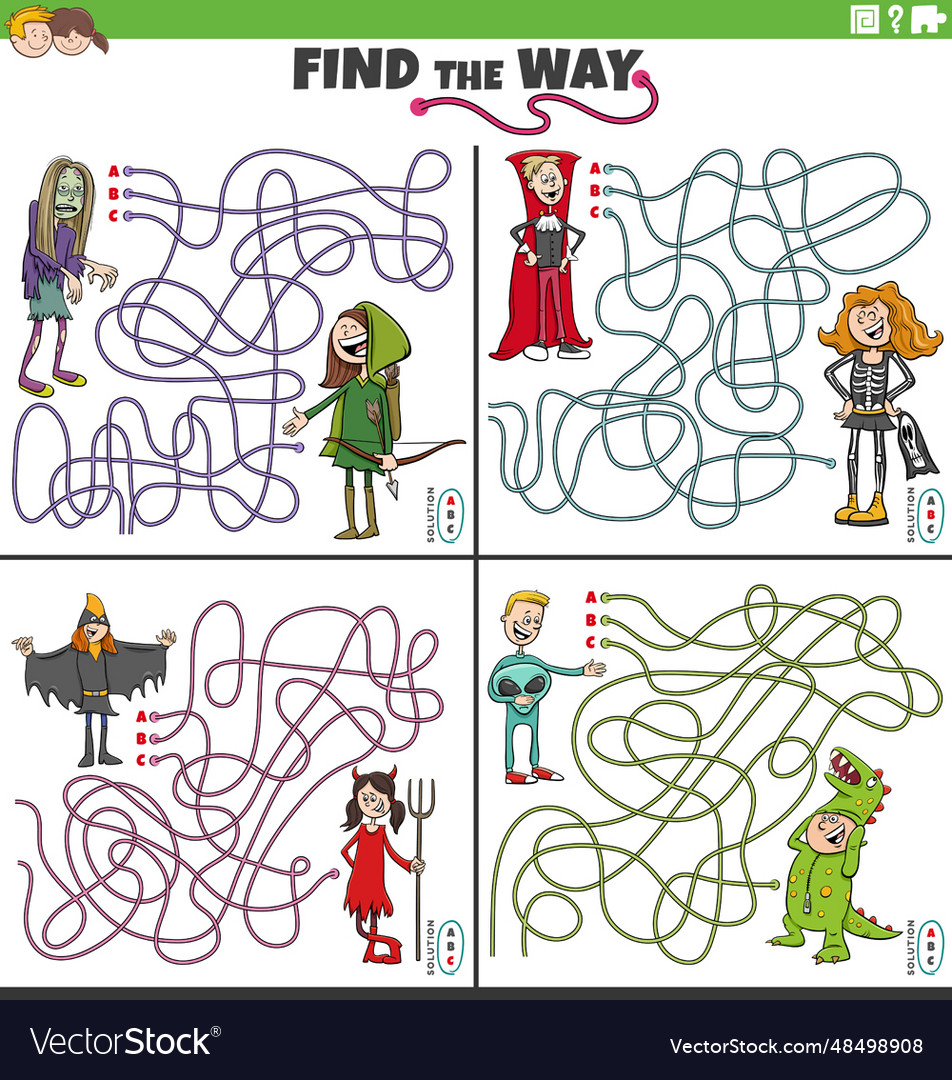Find the way maze games set with cartoon children Vector Image