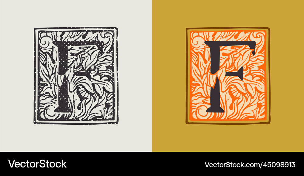 F letter drop cap logo in engraved medieval style Vector Image