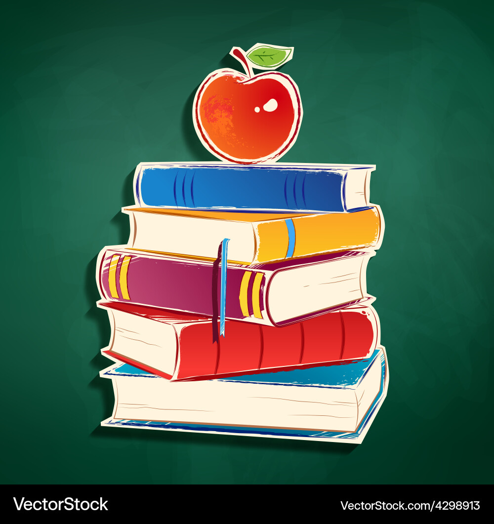 Sticker with pile books and apple Royalty Free Vector Image