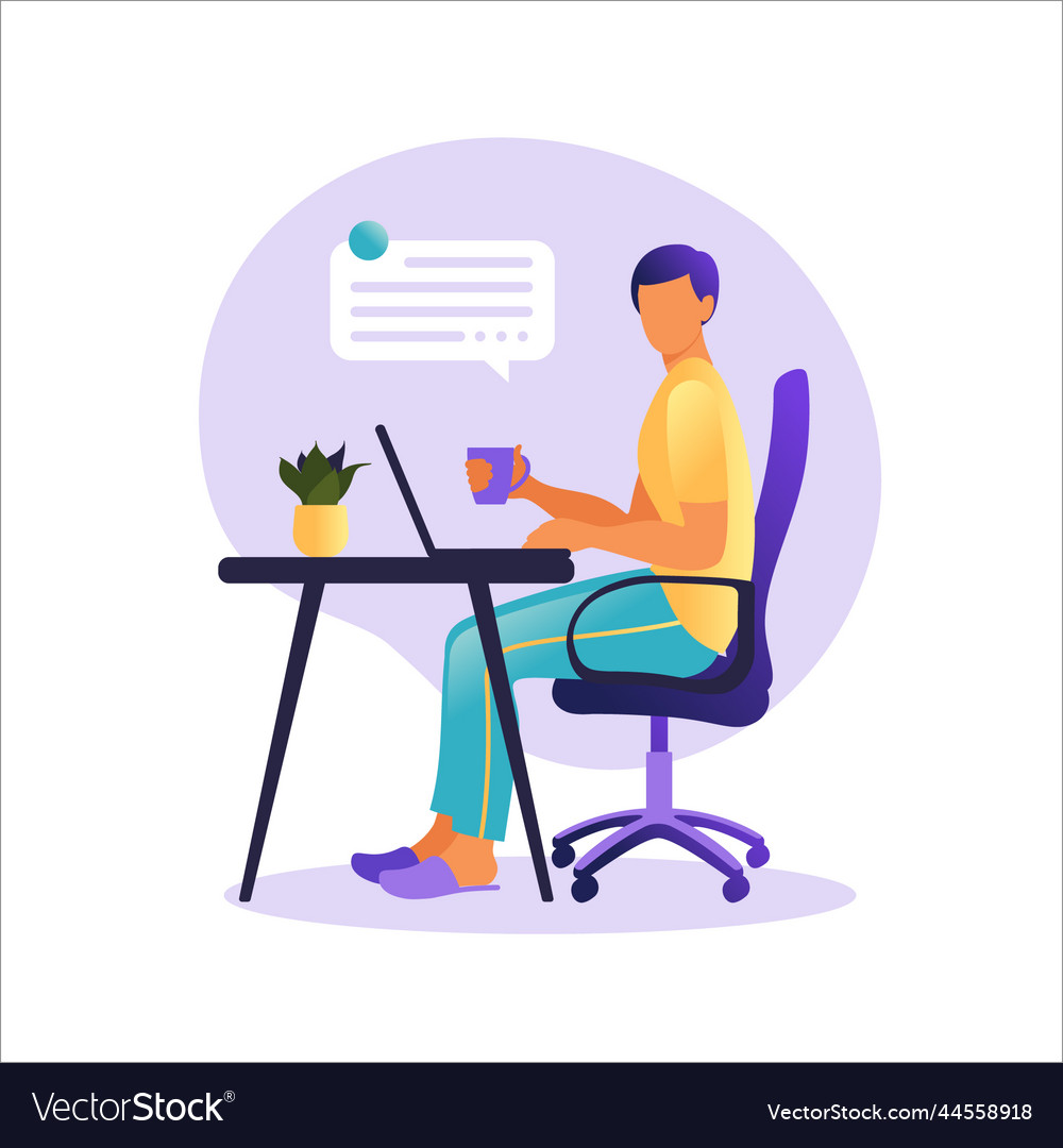 Man sitting table with laptop working Royalty Free Vector