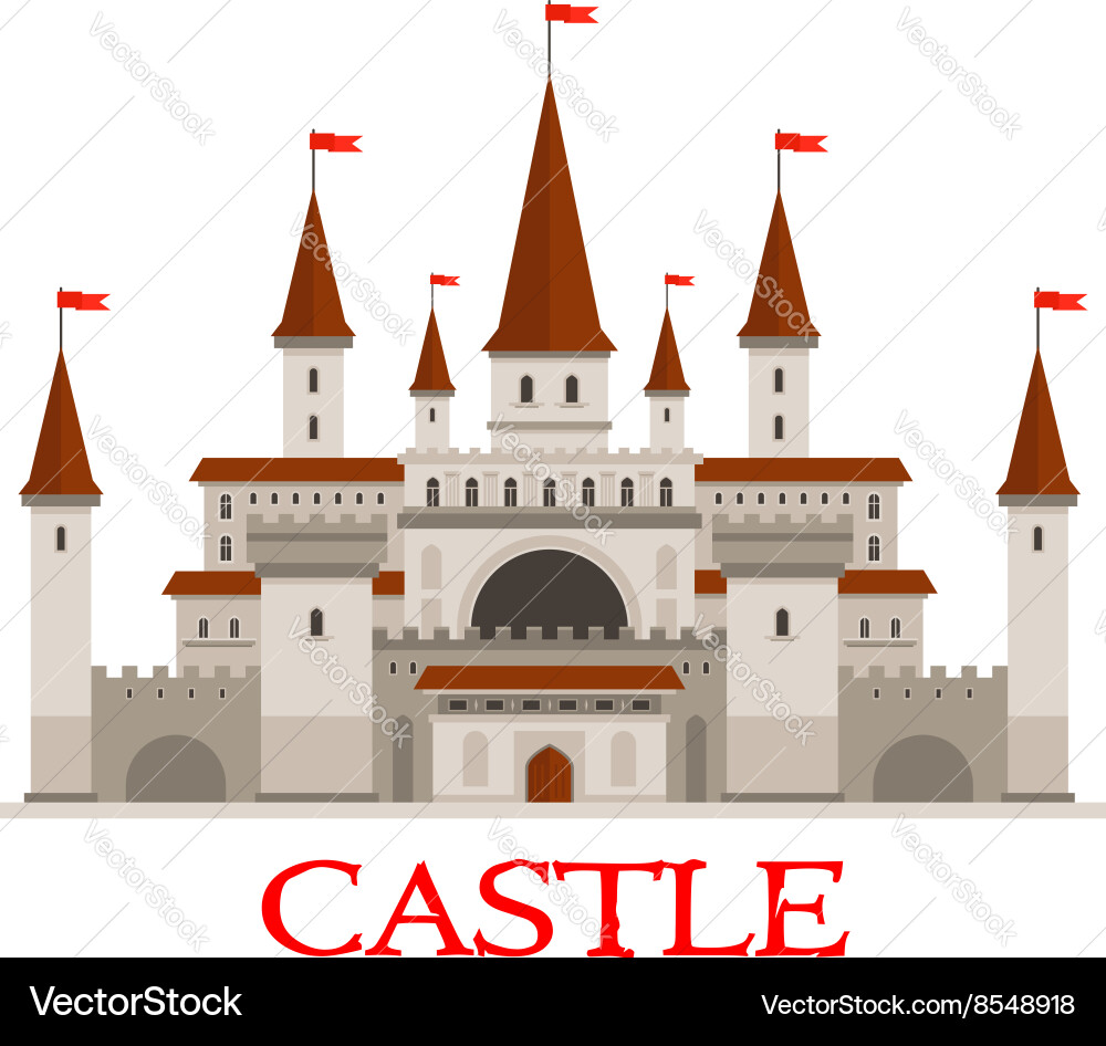 Medieval castle or fortress with red flags icon Vector Image