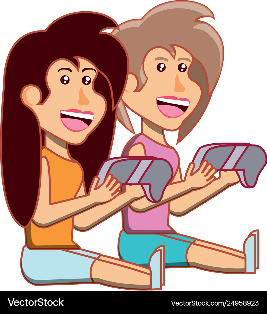Girls sitting with game control character Vector Image