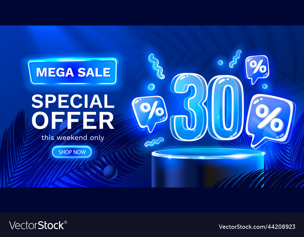 Mega sale special offer neon 30 off banner Vector Image