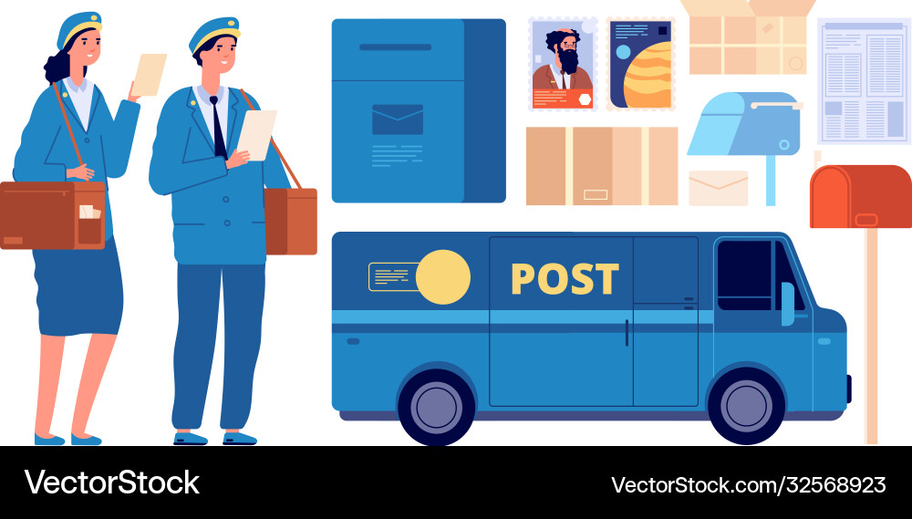 Postman characters postal mailman woman man Vector Image