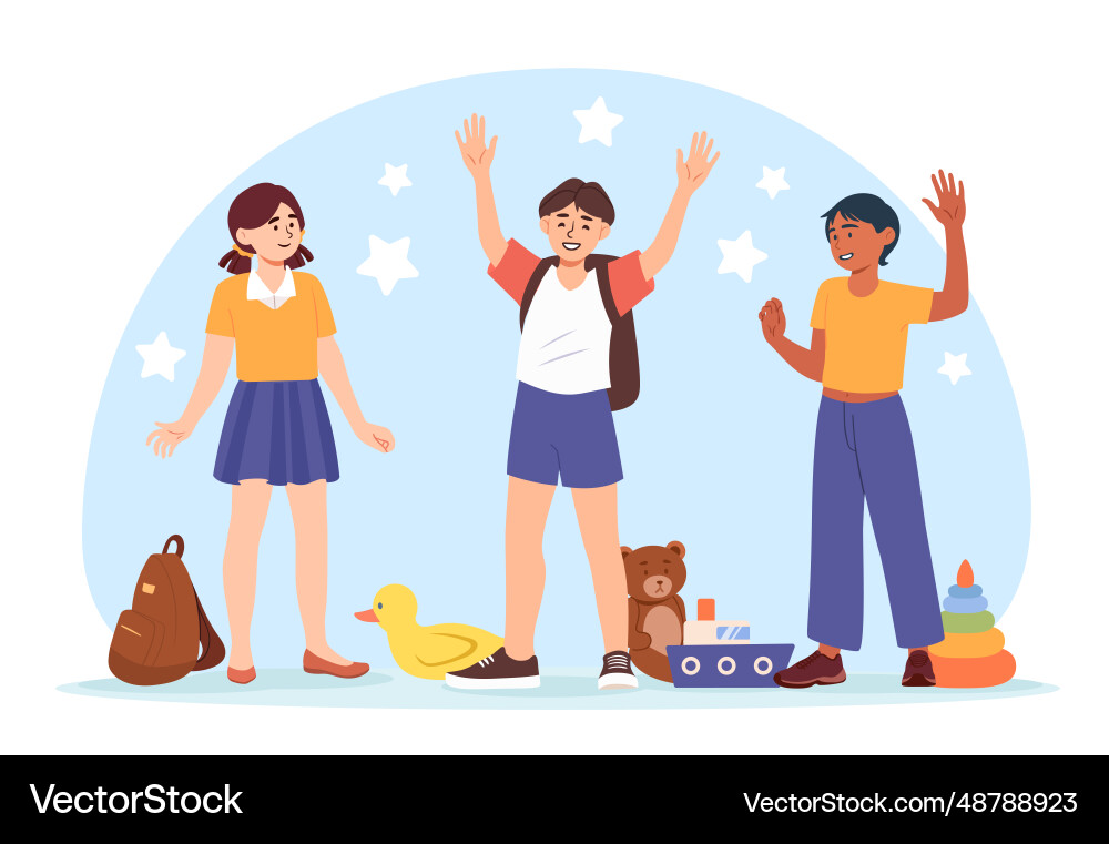 Three children with toys concept Royalty Free Vector Image