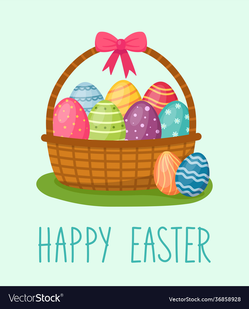 Happy easter card basket with eggs handwriting Vector Image