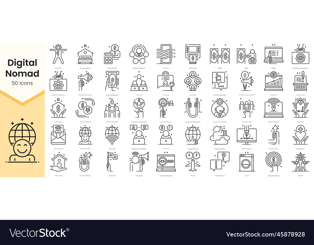 Simple outline set of digital nomad icons thin Vector Image