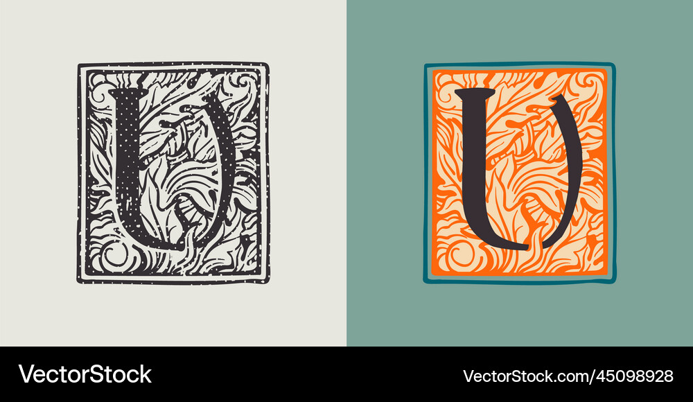 U letter drop cap logo in engraved medieval style Vector Image