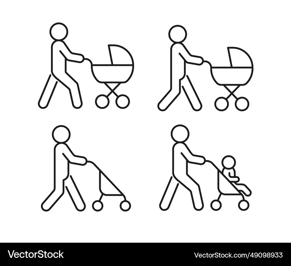 Person walk with baby stroller line icon set Vector Image
